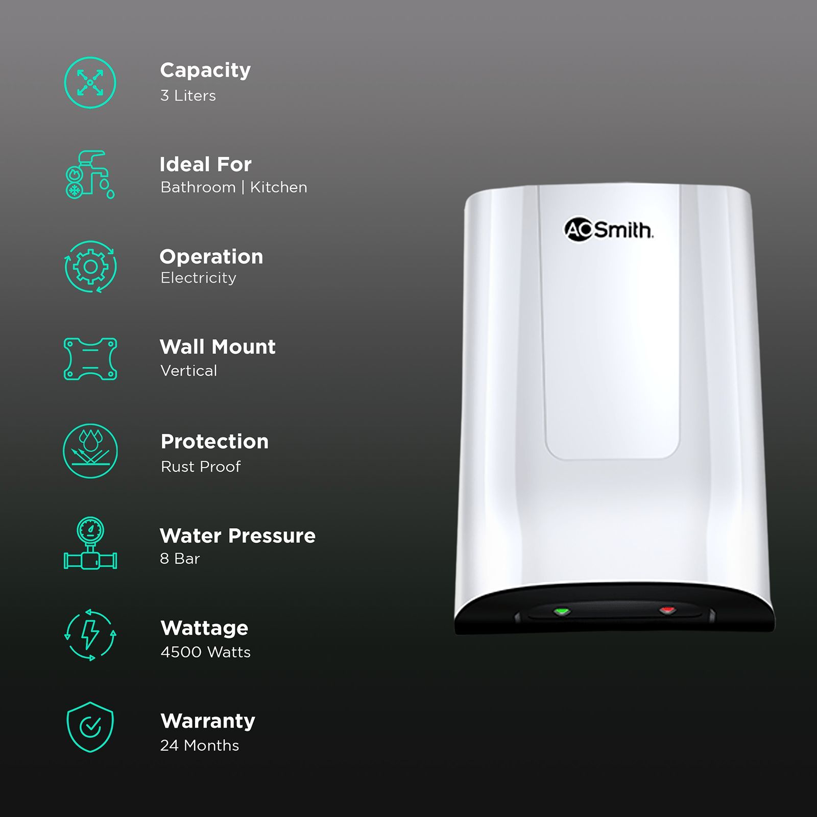 Buy AO Smith MiniBot 3 Litres Instant Water Geyser (4500 Watts, SZS-3, White) Online - Croma